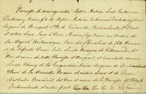 Document (Promesse de mariage entre Antoine Louis Juchereau Duchesnay et Marie Louise Fleury de ...