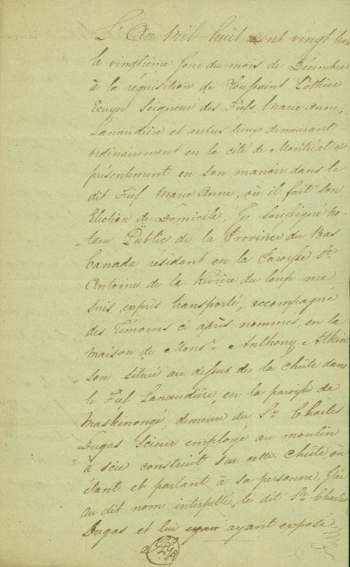 Document (Protêt par Toussaint Pothier à Charles Dugas, scieur au ...