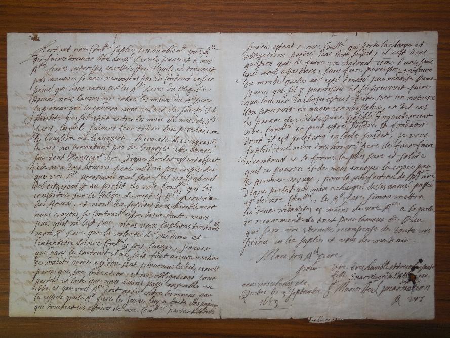 Document (Lettre de Marie de l'Incarnation à Paul Ragueneau, procureur ...